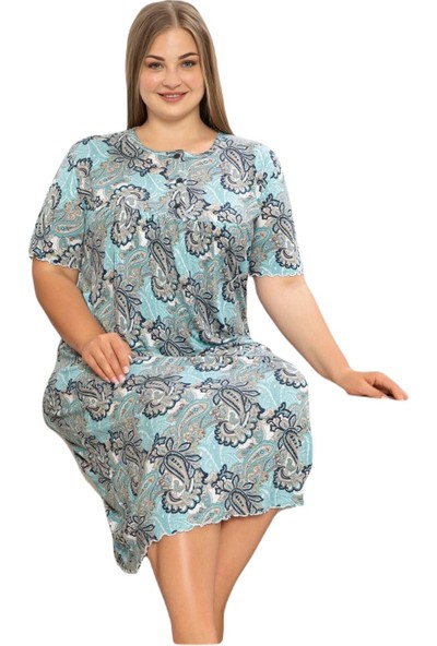 Çağrı 8501 Patlı Kısa Kol Çiçek Desenli Bayan Battal Viskon Uzun Gecelik
