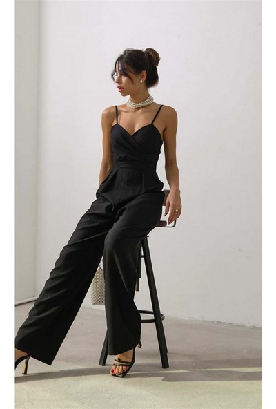 Modassa Kadın Siyah Önü Pile Detaylı Askılı Tulum