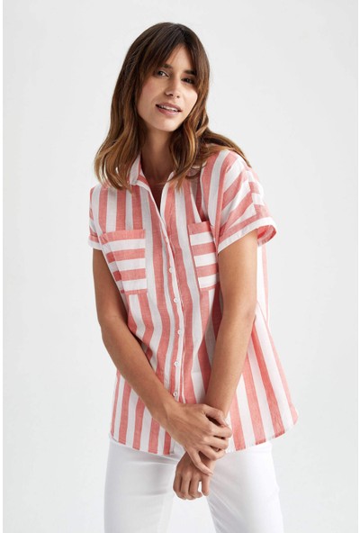 DeFacto Regular Fit Cep Detaylı Kısa Kollu Pamuklu Çizgili GÖMLEK X8014AZ22HS