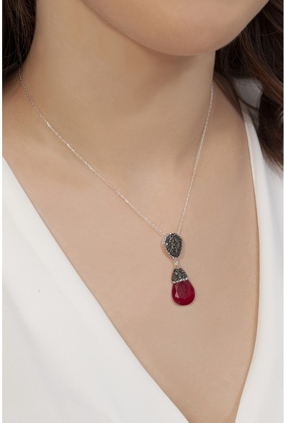 Mert Silver Kırmızı Taşlı Gümüş Kolye