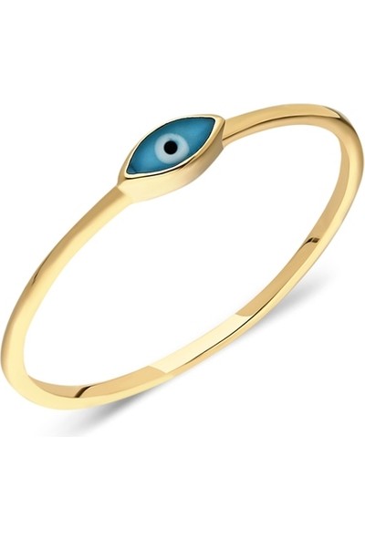 Anka 925 Ayar Gümüş Mineli Yüzük- Mekik Göz Boncuk Mekik Turkuaz Mineli 14 Ayar Sarı Renk Minimal Yüzük