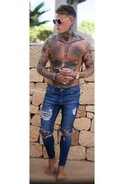 Amor Man Özel Tasarım Büyük Diz Yırtık Detaylı Slim Fit Likralı Yazlık Erkek Jeans Kot Pantolon