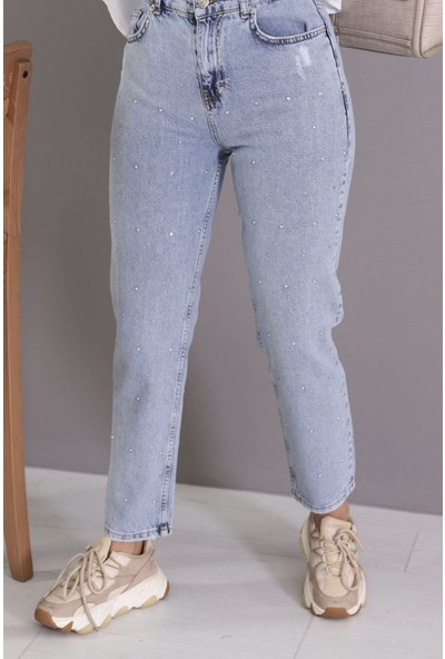 İkoll Kasalı Serpme Taşlı Mom Jean-Açık Mavi
