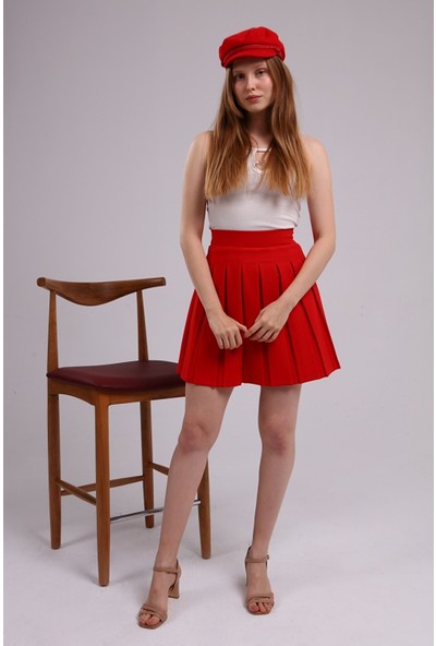 Avver Kırmızı Pileli Kısa Etek