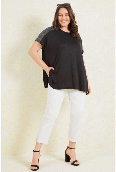 Siyezen Büyük Beden Salaş Omuzları Sim Detaylı Bluz Siyah Siyezen Büyük Beden Salaş Omuzları Sim Detaylı Bluz Siyah