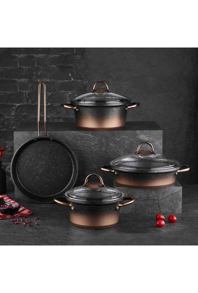 Oms 3048 Döküm Granit 7 Parça Tencere Takımı Bakır