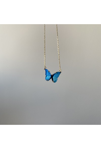925 Ayar Gümüş Kristal Mavi Kelebek Kolye