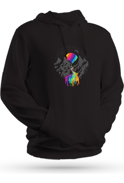 Creatsh Manzara Baskılı Siyah Kapüşonlu Sweatshirt