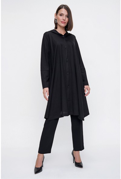 Aker 22155111 Kapüşonlu Çıtçıt Detaylı Örme Bol Kesim Uzun Hırka