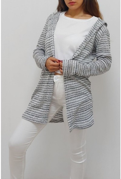 Kapüşonlu Uzun Desenli Hırka Beyaz