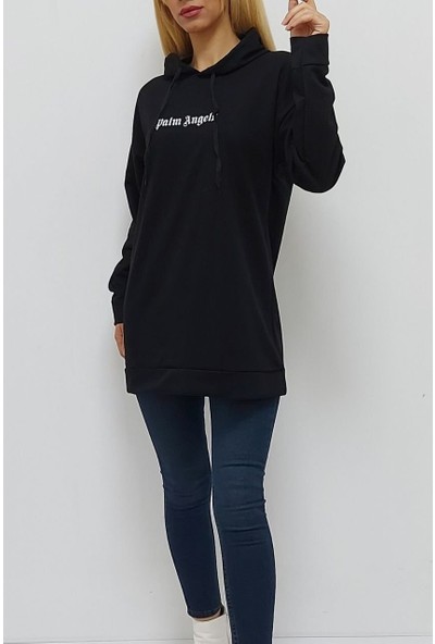 Kapüşonlu Arkası Baskılı Tunik Siyah