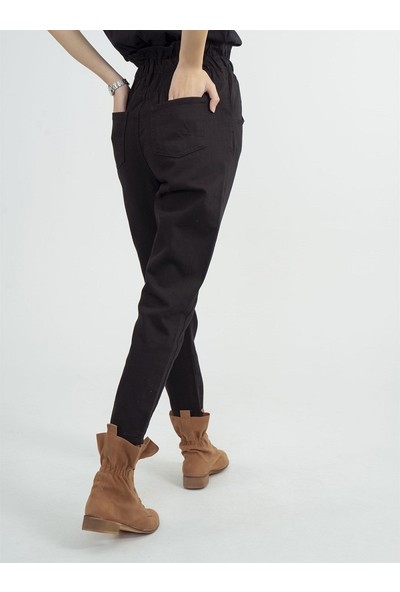 Kadın Pantolon Bel Fırfır Lastik 2 Cep Milano Kumaş Dar Paça Pantolon