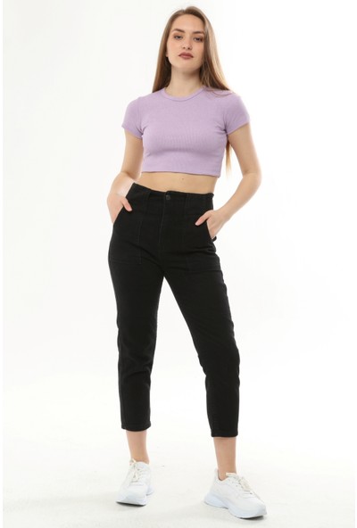 Lila Kısa Kol Bisiklet Yaka Bayan Crop