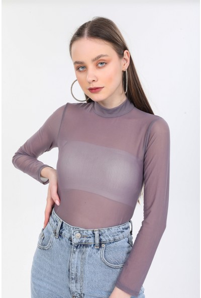 Dunyam Jeans Kadın Antrasit Tül Transparan Bluz