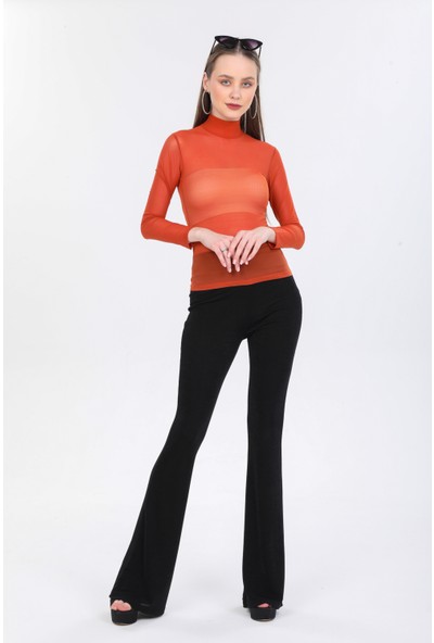 Dunyam Jeans Kadın Kiremit Tül Transparan Bluz