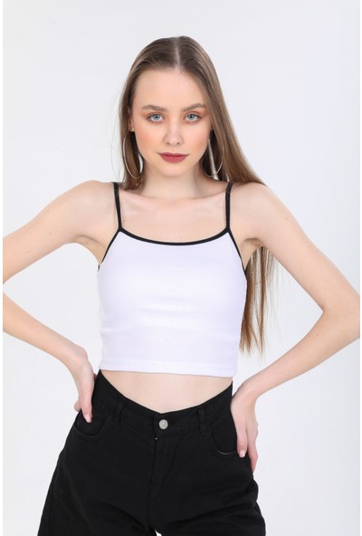 Dunyam Jeans Kadın Beyaz Ip Askılı Kaşkorse Crop