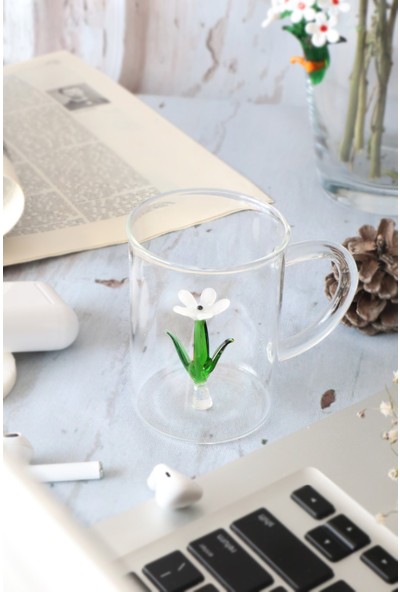 Adamodart Papatya Tasarım Dekoratif Borosilikat Cam Kupa Tekli - Beyaz