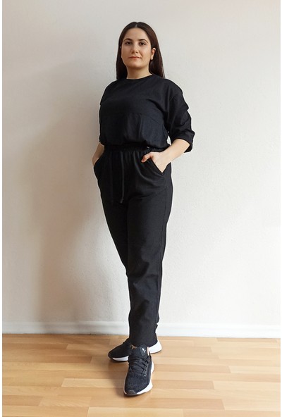 Moda'KS Siyah Beli Lastikli Kanvas Pantolon