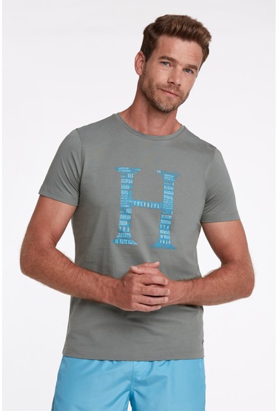 Hemington Logo Baskılı Haki Bisiklet Yaka Pamuk T-Shirt