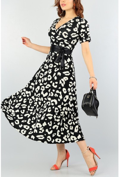 Kasheha Kadın Siyah-Krem Desenli Kuşaklı Kruvaze Yaka Elbise - KAD3325422