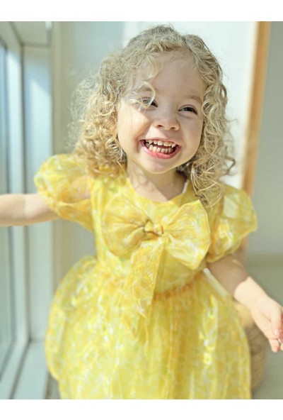 Little Honey Bunnies FW21 Limon Desenli Sarı Balon Kol Fiyonklu Kısa Kol Kız Çocuk Organze Elbise Little Honey Bunnies FW21 Limon Desenli Sarı Balon Kol Fiyonklu Kısa Kol Kız Çocuk Organze Elbise