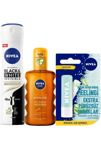 Nivea Karoten Güneş Yağ Spreyi 200 Ml+B&w Ipeksi Pürüzsüzlük Deodorant 150 Ml+Aloe Vera Lip Peeling