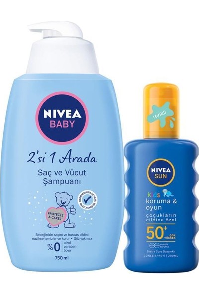 Nivea Bebek Şampuanı 750 ml + Nivea Sun Kids Caring Sun Sprey Spf 50+ Çocuklar Için Güneş Spreyi 200 ml Nivea Bebek Şampuanı 750 ml + Nivea Sun Kids Caring Sun Sprey Spf 50+ Çocuklar Için Güneş Spreyi 200 ml