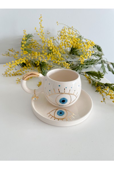Mug Tasarım 24 K Altın Yaldızlı Göz Nazarlı Double Türk Kahvesi Fincanı