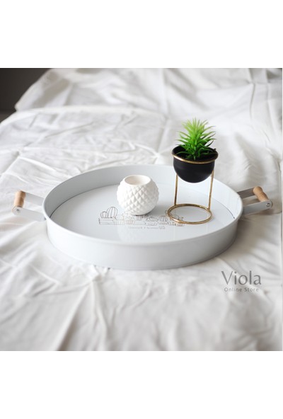 Viola Galvaniz Beya< Ahşap Kulplu Yuvarlak Tepsi 37 cm
