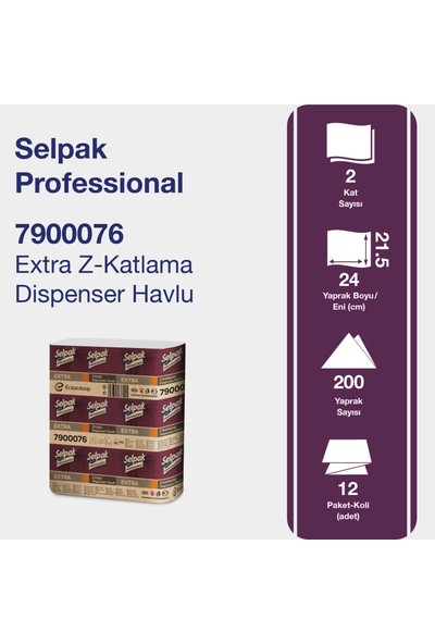 Selpak Professional Extra Z Katlı Dispenser Havlu 200x12adet 21,5x24cm 36gr/m2 (7900076) Selpak Professional Extra Z Katlı Dispenser Havlu 200x12adet 21,5x24cm 36gr/m2 (7900076)