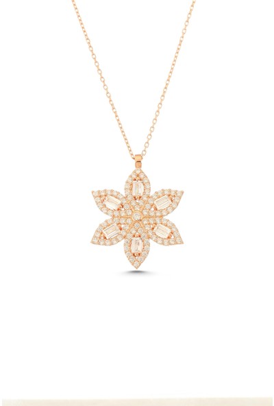 Lemonfoni 925 Ayar Gümüş Zirkon Taşlı Çiçek Tasarım Kolye