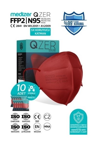 Qzer Bordo Ffp2 N95 Maske 5 Katlı Qzer Bordo Ffp2 N95 Maske 5 Katlı