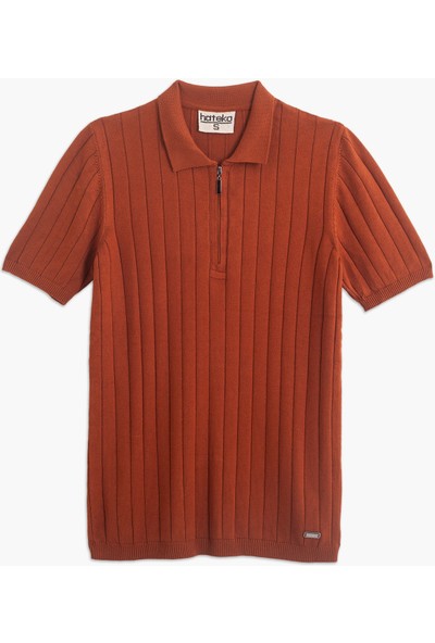 Hateko Erkek Kiremit Viskon Triko Yarım Fermuarlı Polo Tişört Hateko Erkek Kiremit Viskon Triko Yarım Fermuarlı Polo Tişört