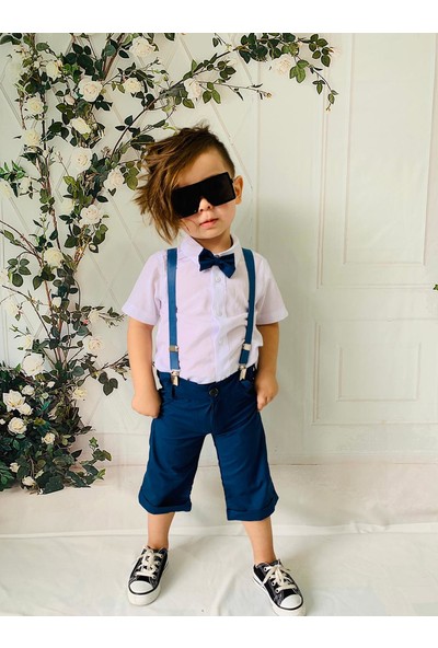 Kısa Pantolon Askı Papyonlu Gömlekli Erkek Çocuk Takım