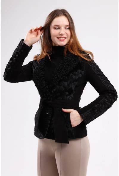 Leatinn Siyah Kadın Kroko Desenli Deri Ceket