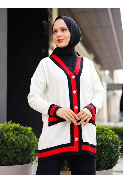Elzen Collection Şerit Geçişli Hırka Beyaz Elzen Collection Şerit Geçişli Hırka Beyaz