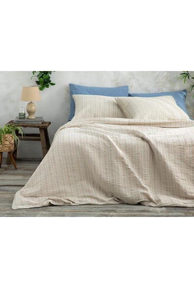 English Home Crispate Gofre Çift Kişilik Nevresim Takımı 200 x 220 cm Bej - Mavi