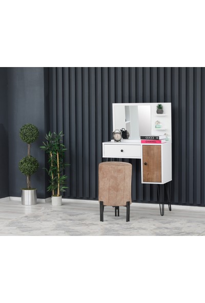 Tocco Ahsen Metal Ayaklı Çekmeceli Kapaklı Raflı Aynalı Puflu Makyaj Masası- BEYAZ KREM Tocco Ahsen Metal Ayaklı Çekmeceli Kapaklı Raflı Aynalı Puflu Makyaj Masası- BEYAZ KREM