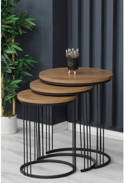 Tocco Sanem 3'lü Metal - Ahşap Zigon Sehpa-MEŞE SİYAH