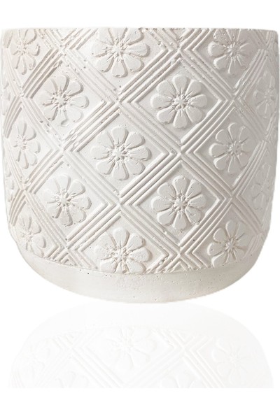 Hediye Vitrini Beton Saksı Beyaz Otantik Saksı Çiçek Desenli Büyük Boy Saksı 13 cm