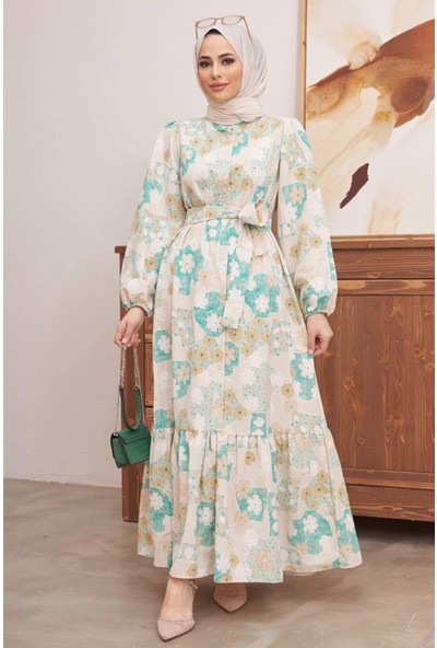 Modamiks Belden Kuşaklı Önden Düğmeli Keten Tesettür Elbise - Yeşil