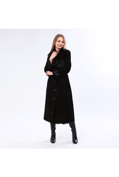 Leatinn Siyah Kadın Taşlı Süet Deri Kaban