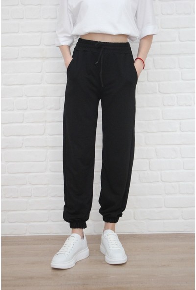 Orihime Kadın Siyah Beli ve Paçası Lastikli Yüksek Bel Eşofman Altı