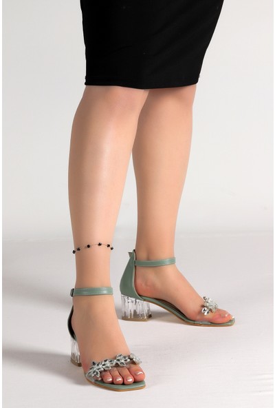 Woggo 0225-05 Cilt Şeffaf Taşlı 5 cm Topuk Kadın Sandalet Ayakkabı Mint Yeşili
