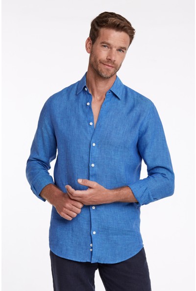 Hemington Indigo Mavi Saf Keten Gömlek