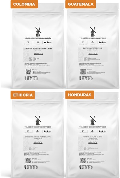 Yeldeğirmeni Kurukahvecisi Dünya Kahveleri Seti (Colombıa - Guatemala - Ethıopıa Djimmah - Honduras) 4X250 gr Yeldeğirmeni Kurukahvecisi Dünya Kahveleri Seti (Colombıa - Guatemala - Ethıopıa Djimmah - Honduras) 4X250 gr
