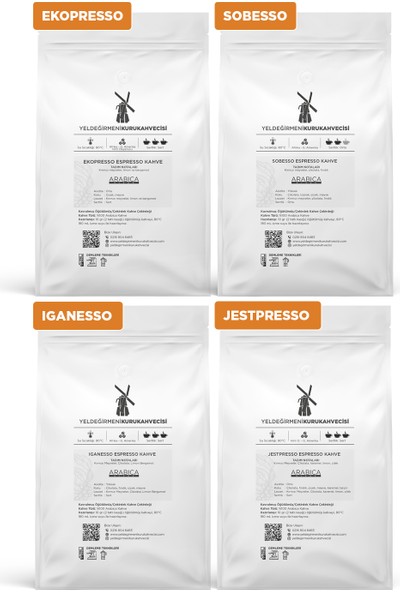Yeldeğirmeni Kurukahvecisi Blend (Harman) Espresso Kahve Seti (Ekopresso - Sobesso - Iganesso - Jestpresso) 4X250 gr Yeldeğirmeni Kurukahvecisi Blend (Harman) Espresso Kahve Seti (Ekopresso - Sobesso - Iganesso - Jestpresso) 4X250 gr