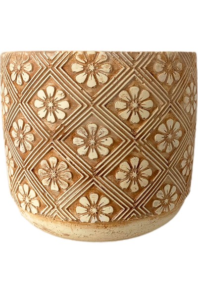 Hediye Vitrini Beton Saksı Eskitme Otantik Saksı Çiçek Desenli Büyük Boy Saksı 13 cm