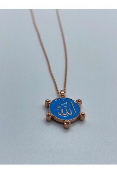 925 Ayar Gümüş Allah Lafzı Mavi Mineli Kolye