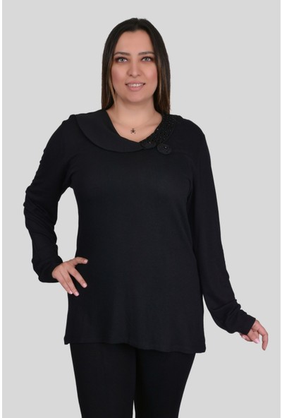 Sude C.tkn Yaka Inci Süslemeli Gül Broşlu Uzun Kol Siyah Bluz 369